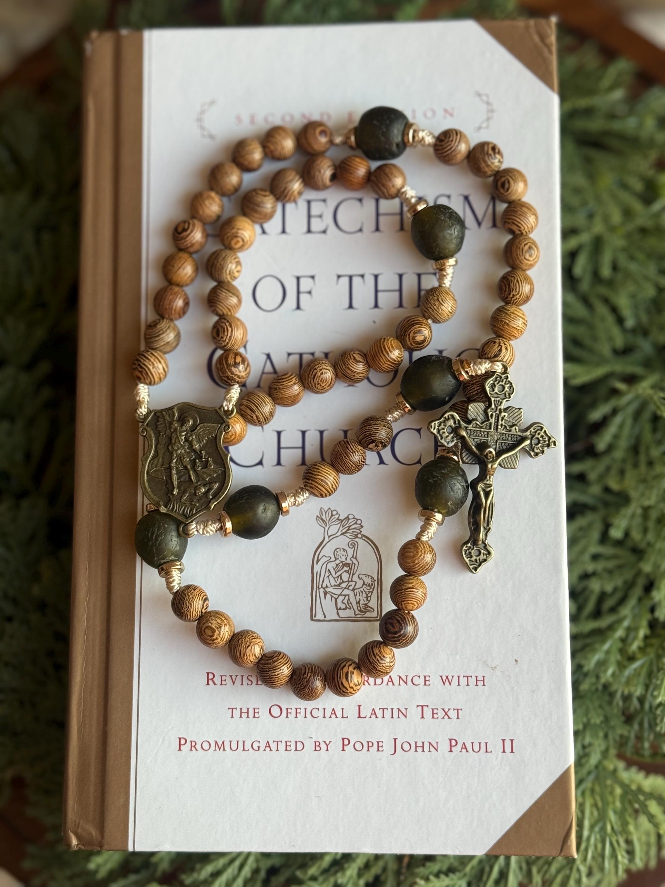Handmade St. Michael Rosary – Wood & Green Glass Catholic Prayer Beads ...