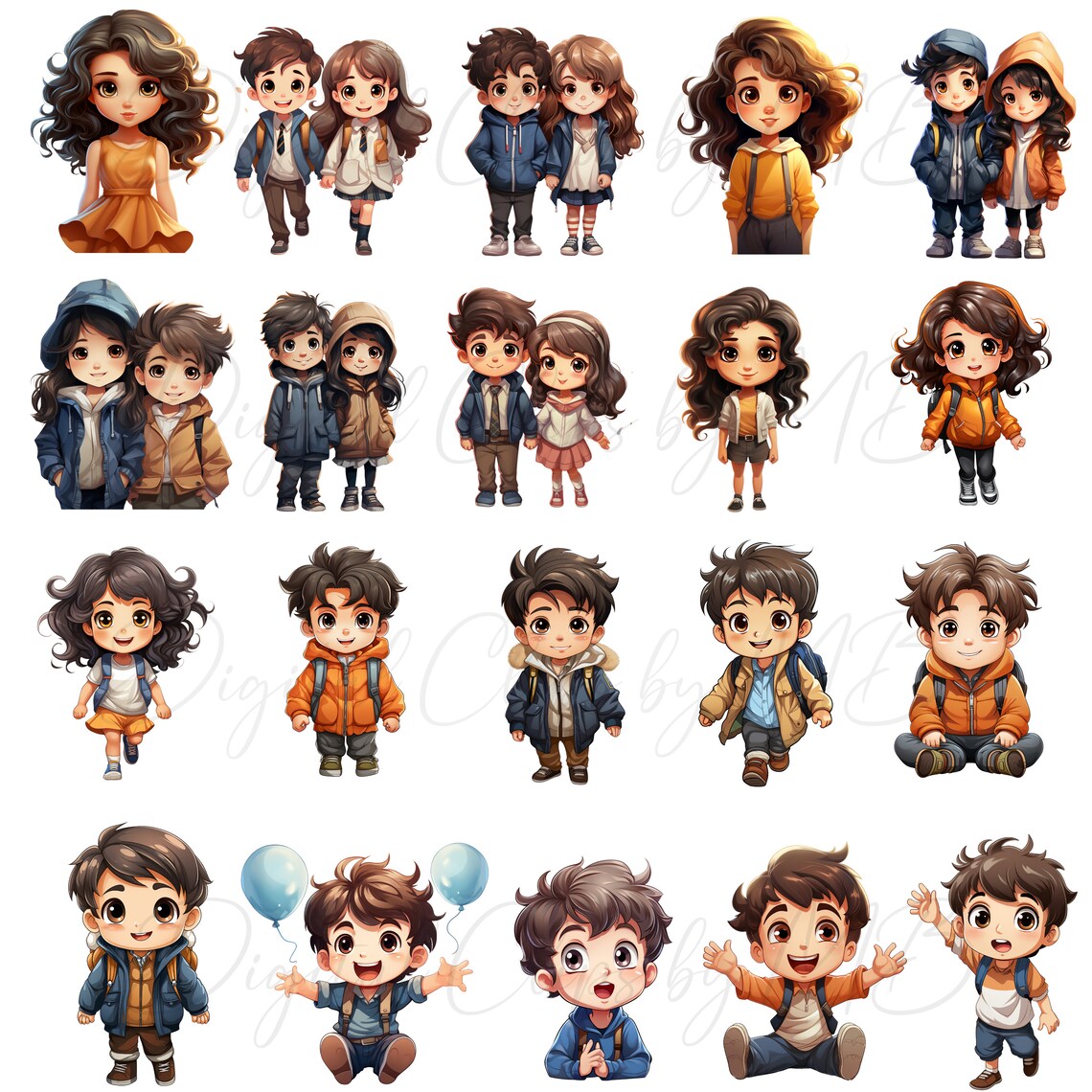 Chibi Clipart, Boy and Girl Clipart, Childrens Chibi PNG Illustrations ...