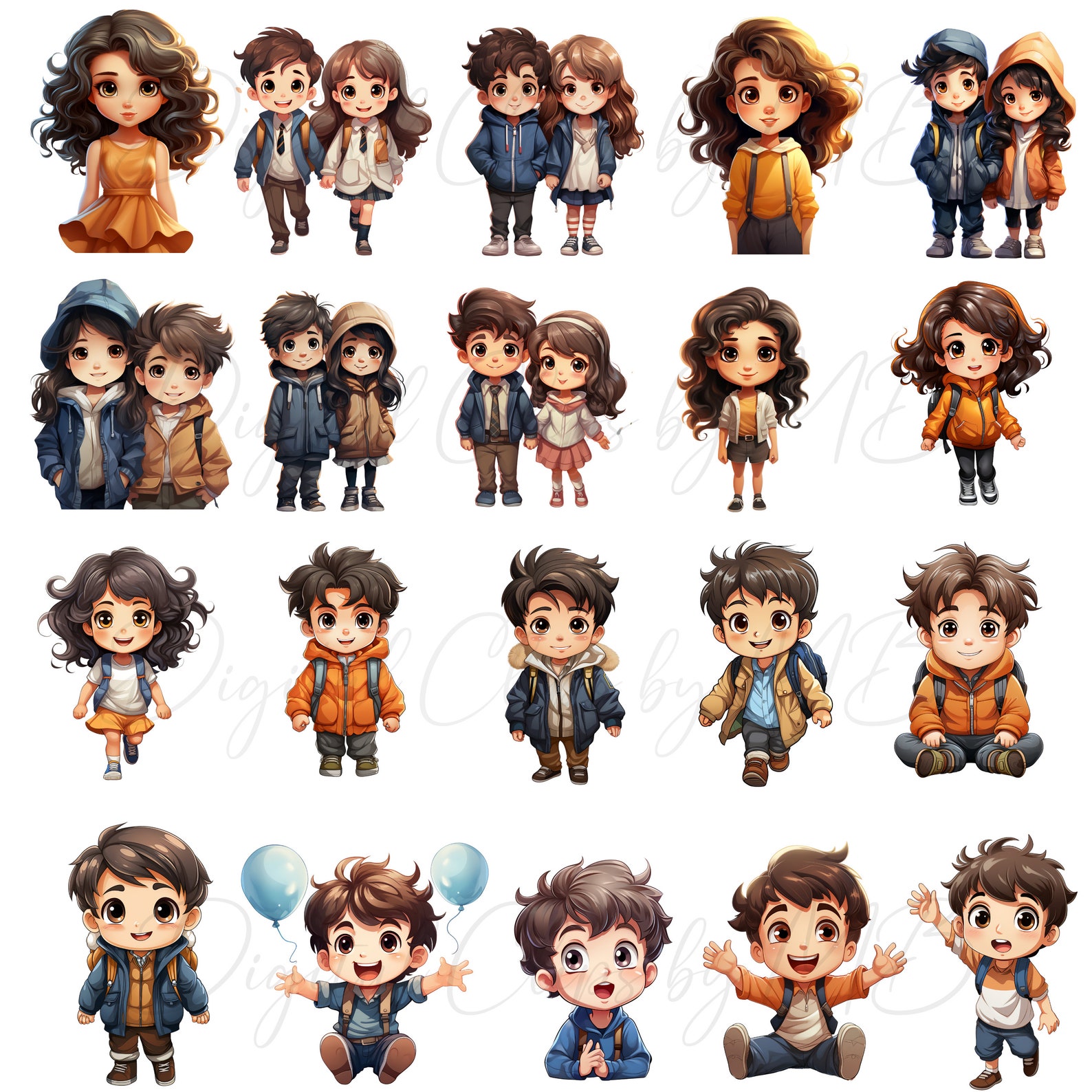 Chibi Clipart, Boy and Girl Clipart, Childrens Chibi PNG Illustrations ...