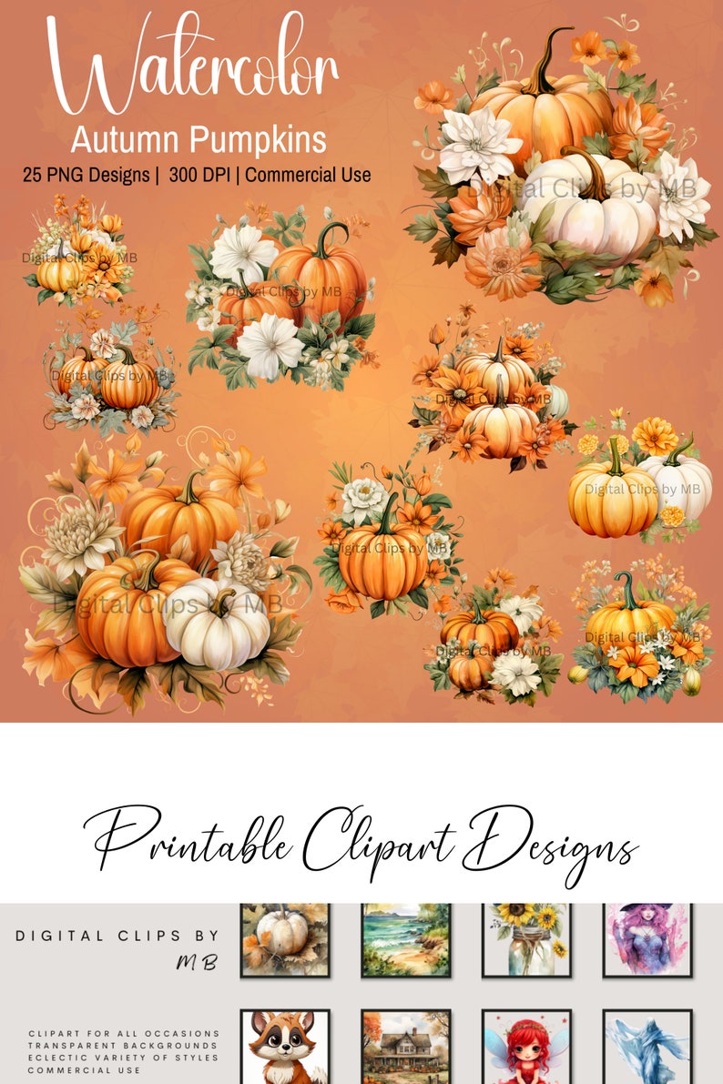 Watercolor Pumpkin Designer PNG Bundle, 25 Pumpkin Fall Images, Autumn ...