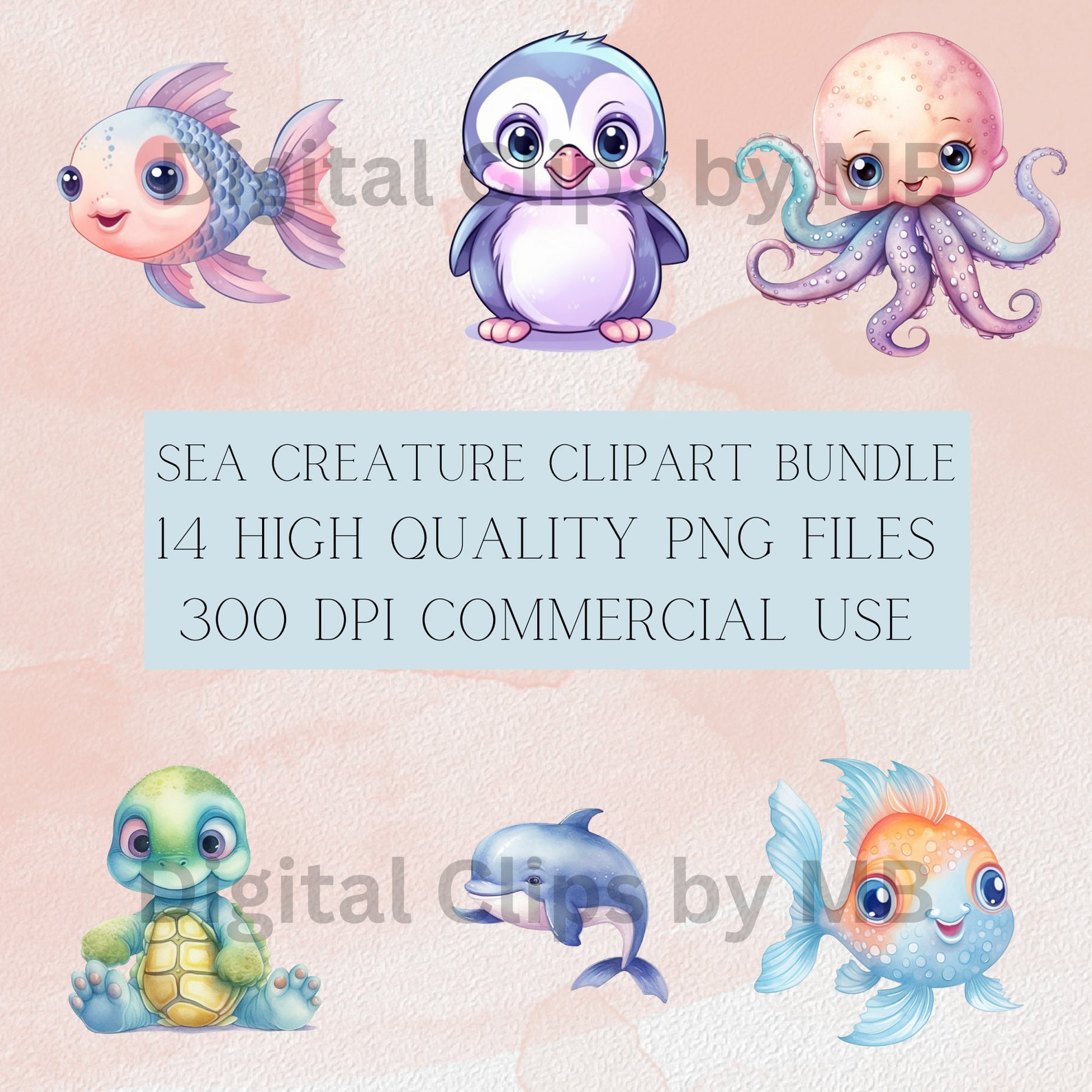 Cute Sea Animals, Designer PNG Bundle, Cute Animals Clipart for Nursery ...
