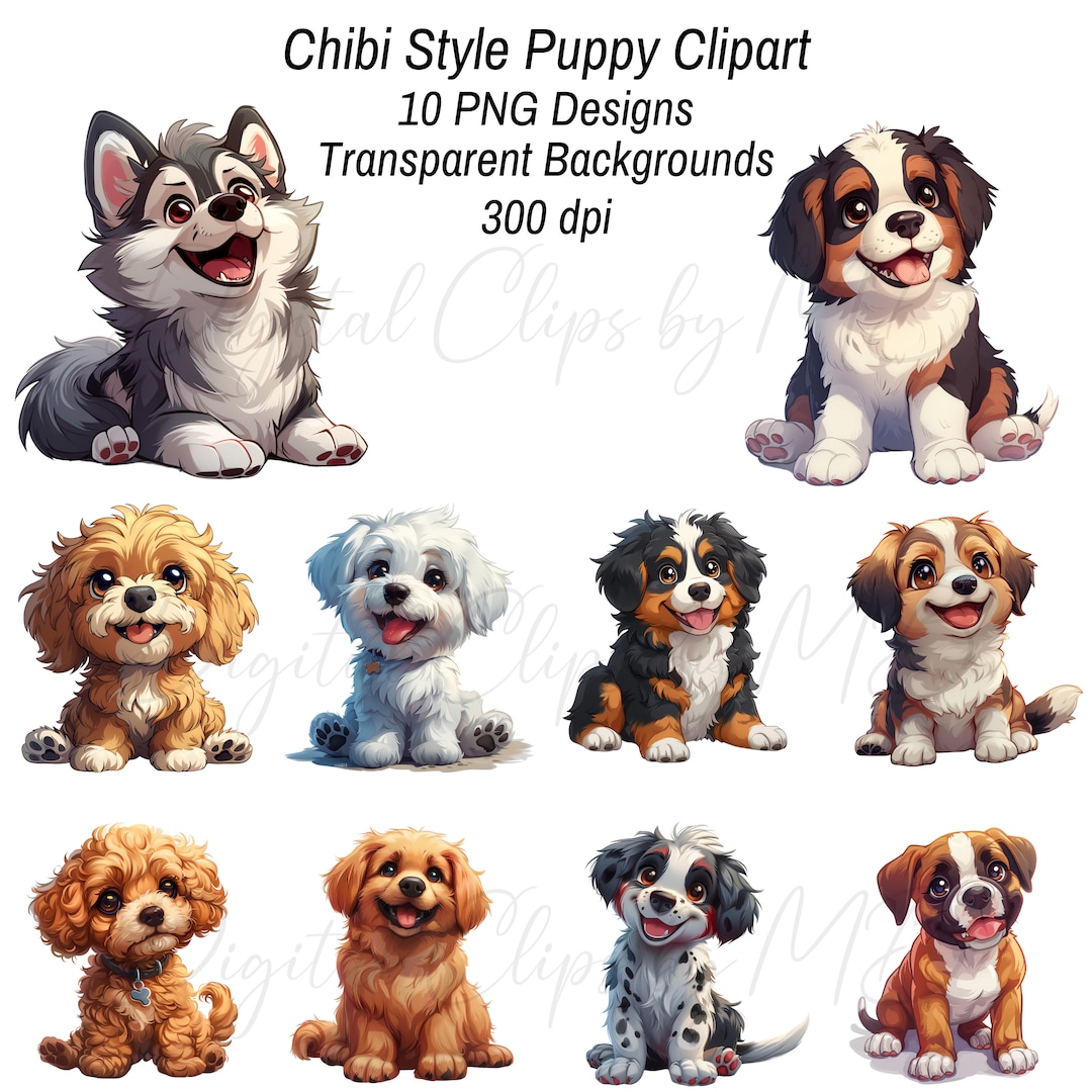 Chibi, Chibi Bundle Clipart of Puppies, Watercolor Clipart of Puppies ...