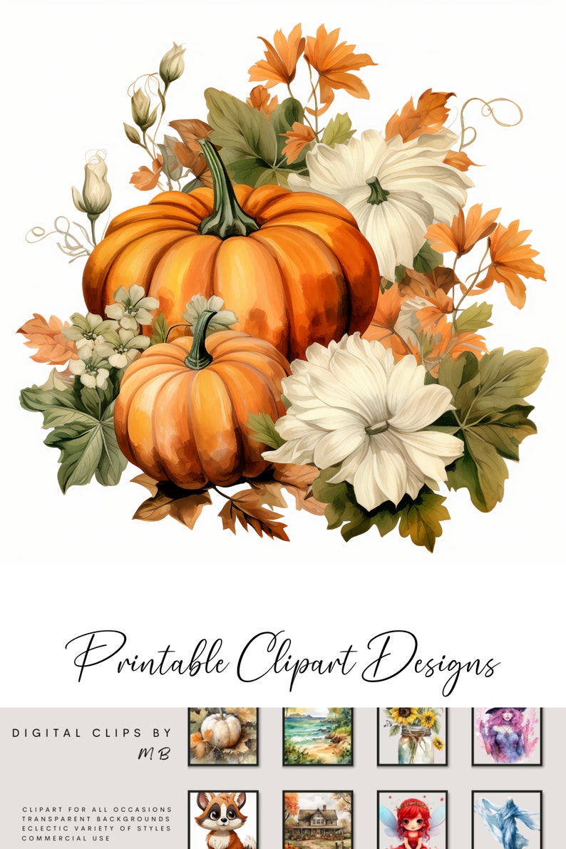 Watercolor Pumpkin Designer PNG Bundle, 25 Pumpkin Fall Images, Autumn ...