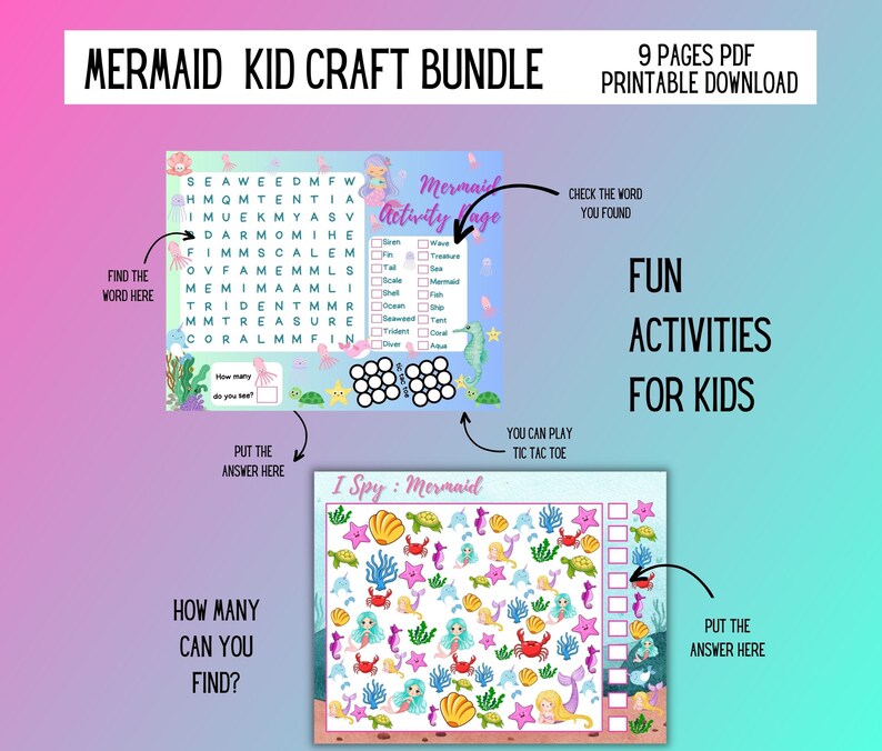 Mermaid Kid's Craft Activity Bundle/printable Pdf/9-page Kids Mermaid ...