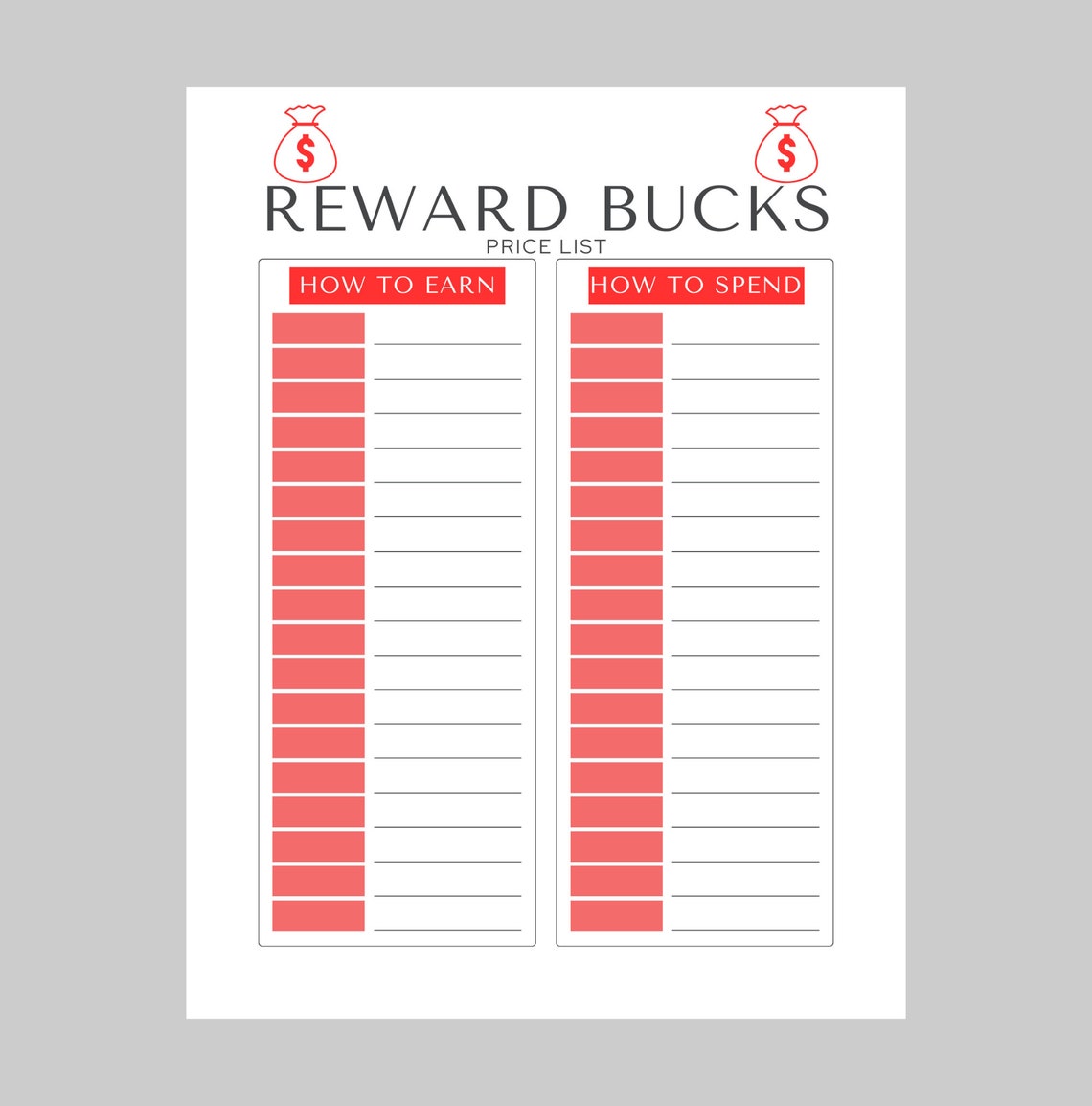 Kids Reward Bucks/editable Printable Child Rewards/8 Colors/printable ...