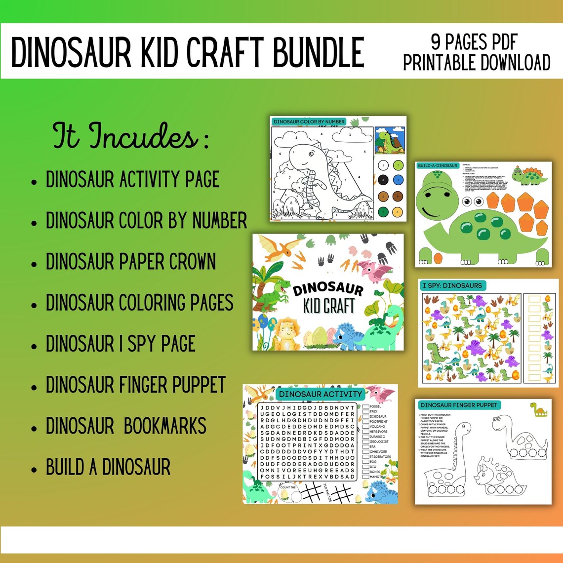 Dinosaur Kid's Craft Activity Bundle/printable Pdf/9-page Kids Dinosaur ...