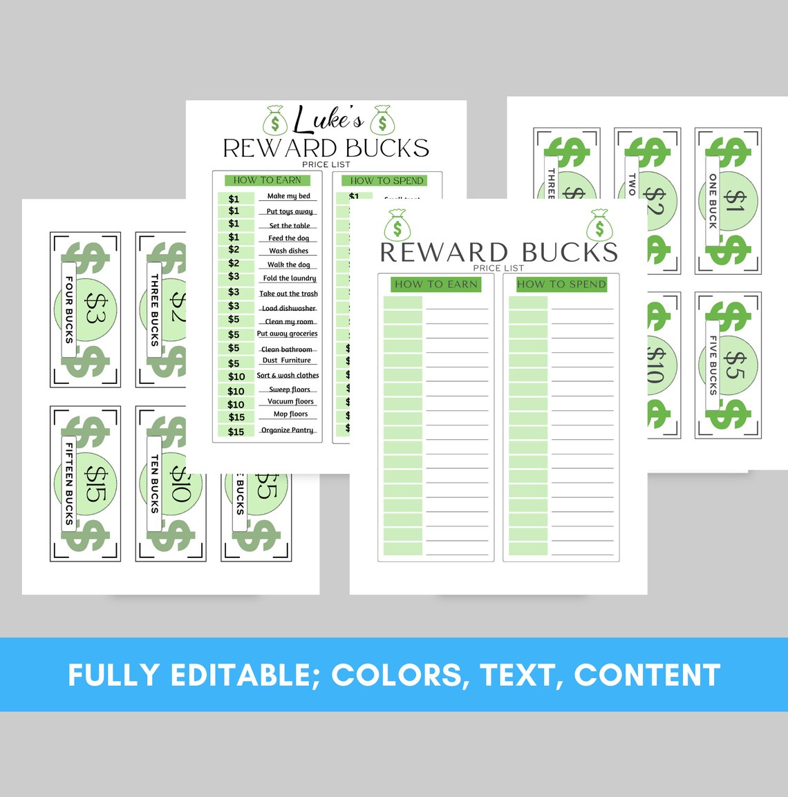 Kids Reward Bucks/editable Printable Child Rewards/8 Colors/printable ...