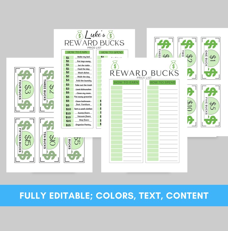 Kids Reward Bucks/editable Printable Child Rewards/8 Colors/printable ...