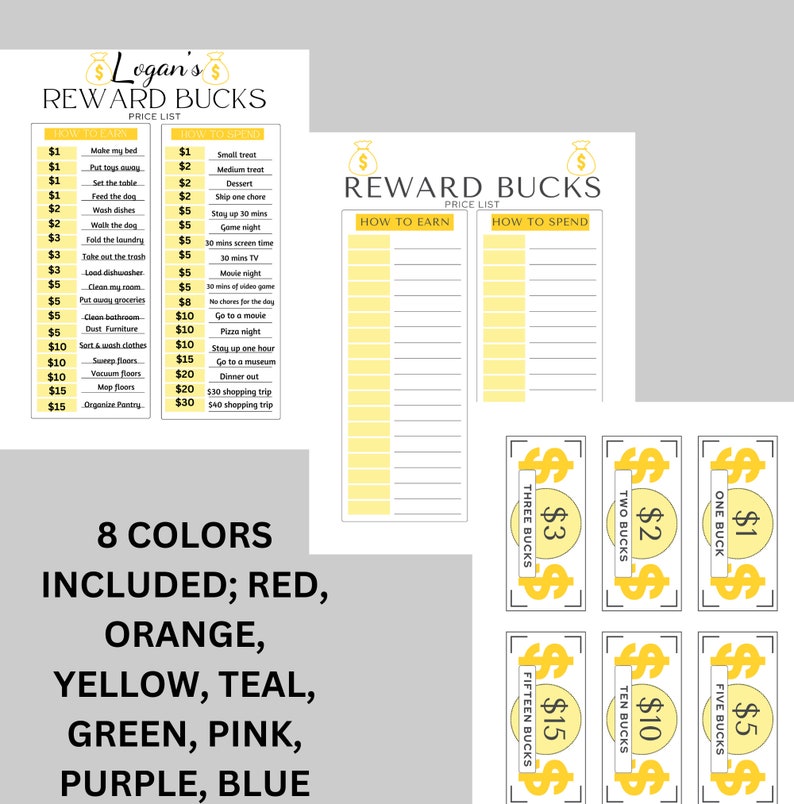 Kids Reward Bucks/editable Printable Child Rewards/8 Colors/printable ...