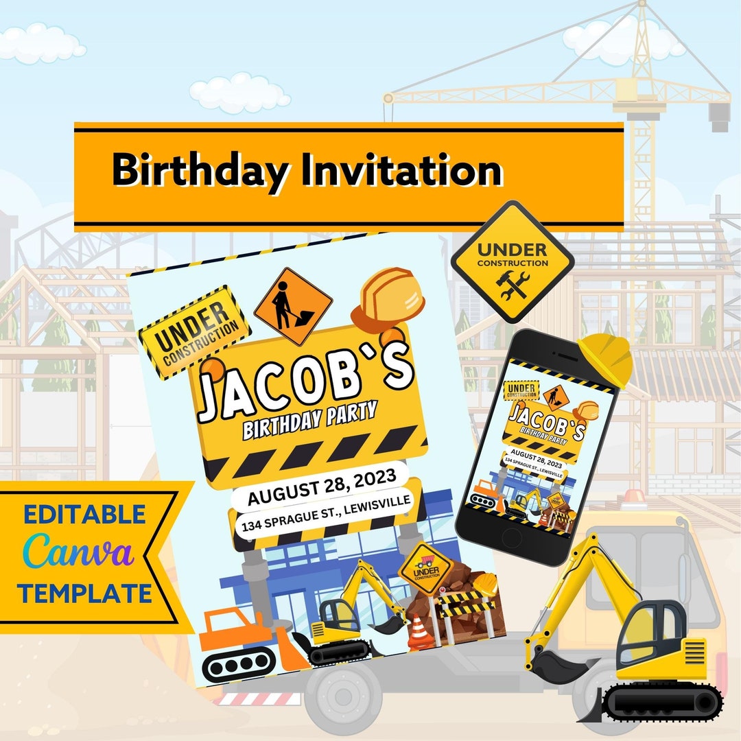 Construction Birthday Invitation Template/fully Editable Canva Template ...