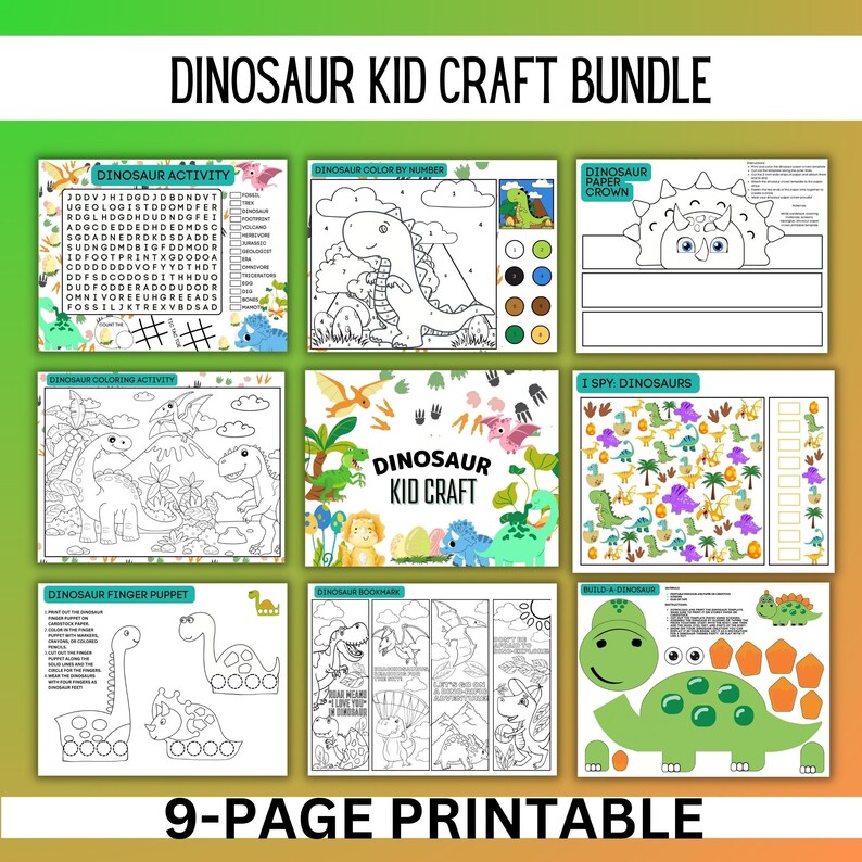 Dinosaur Kid's Craft Activity Bundle/printable Pdf/9-page Kids Dinosaur ...