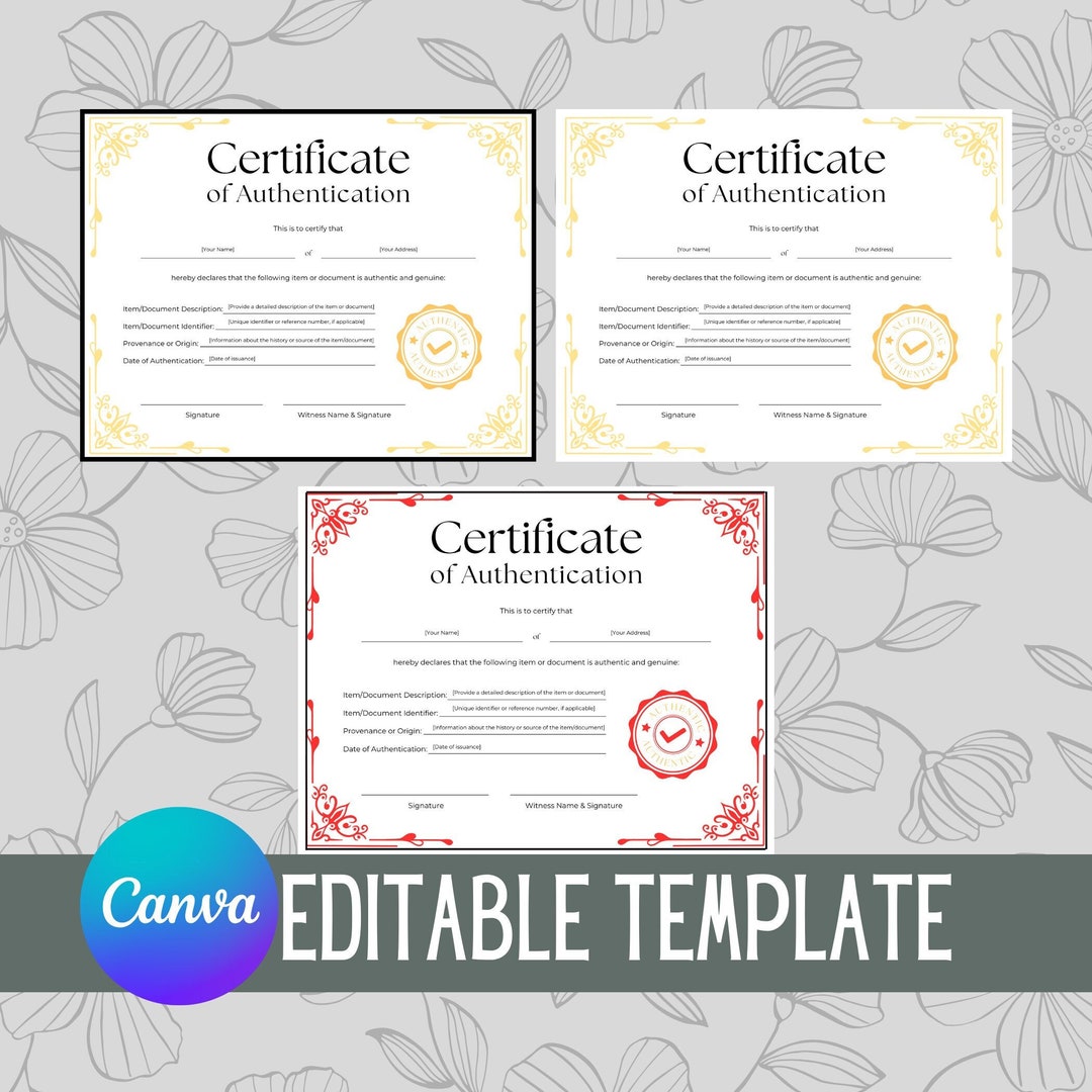 EDITABLE Certificate of Authentication Template/printable Certificate ...