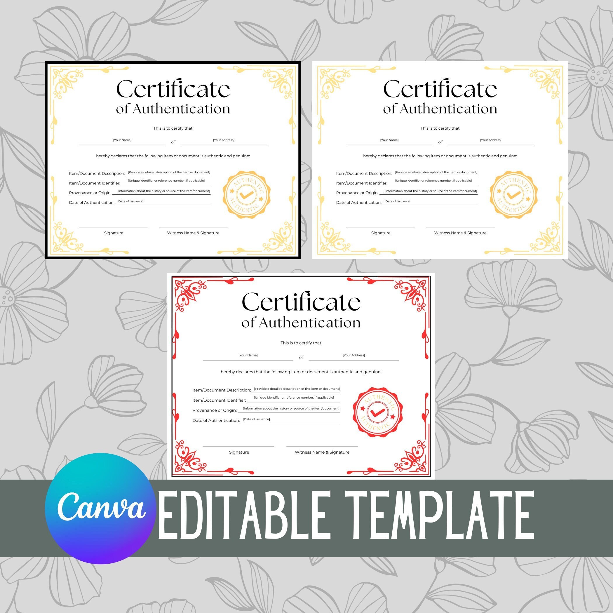EDITABLE Certificate of Authentication Template/printable Certificate ...