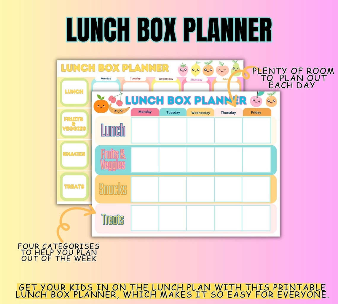 Printable Lunch Box Planner/printable Kids Lunch Menu/instant Digital ...