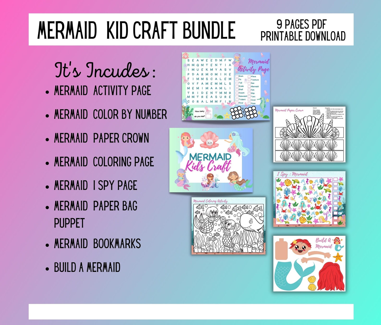 Mermaid Kid's Craft Activity Bundle/printable Pdf/9-page Kids Mermaid ...