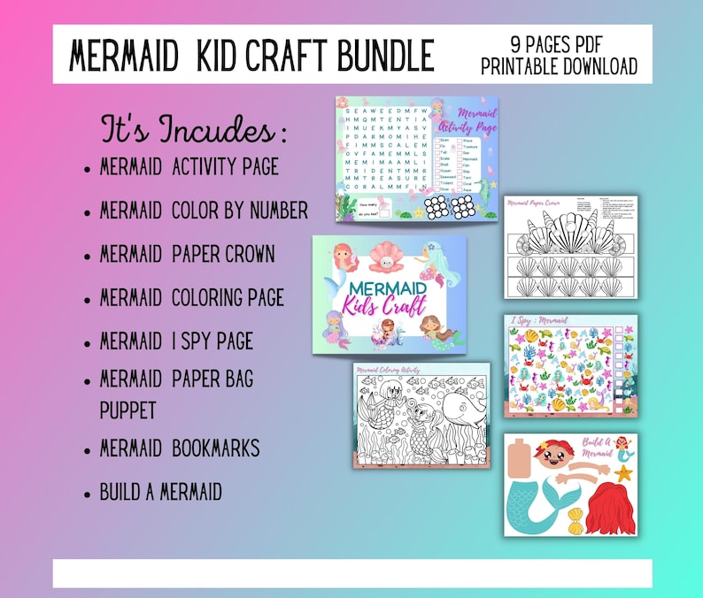 Mermaid Kid's Craft Activity Bundle/printable Pdf/9-page Kids Mermaid ...