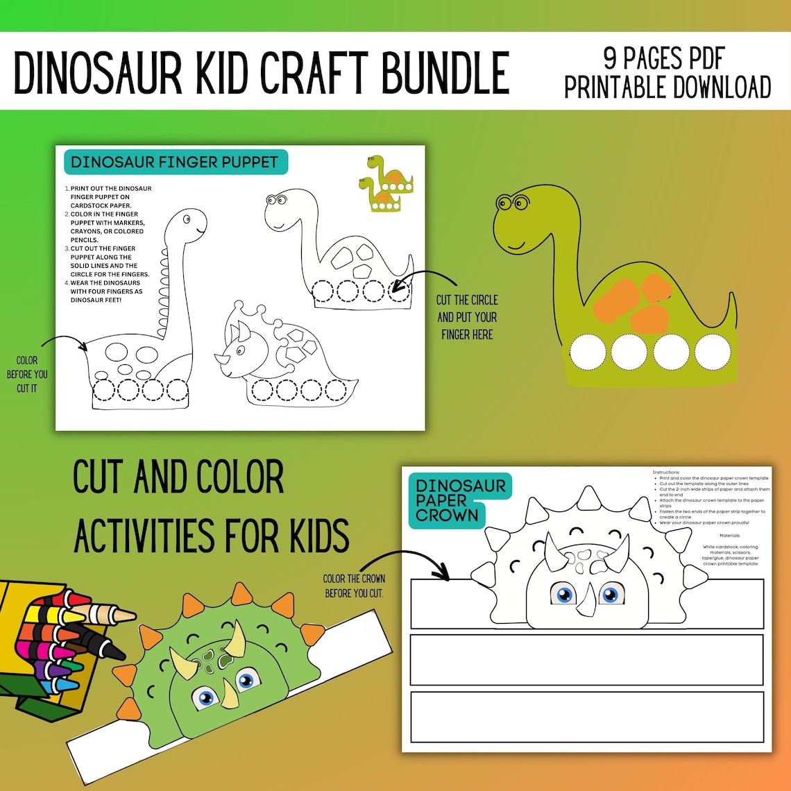 Dinosaur Kid's Craft Activity Bundle/printable Pdf/9-page Kids Dinosaur ...