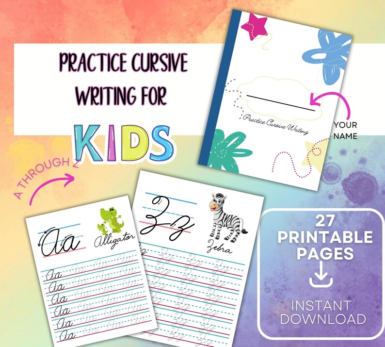 Printable Kids Cursive Practice/printable Pdf/27-page Workbook/instant Download Digital Kids ...