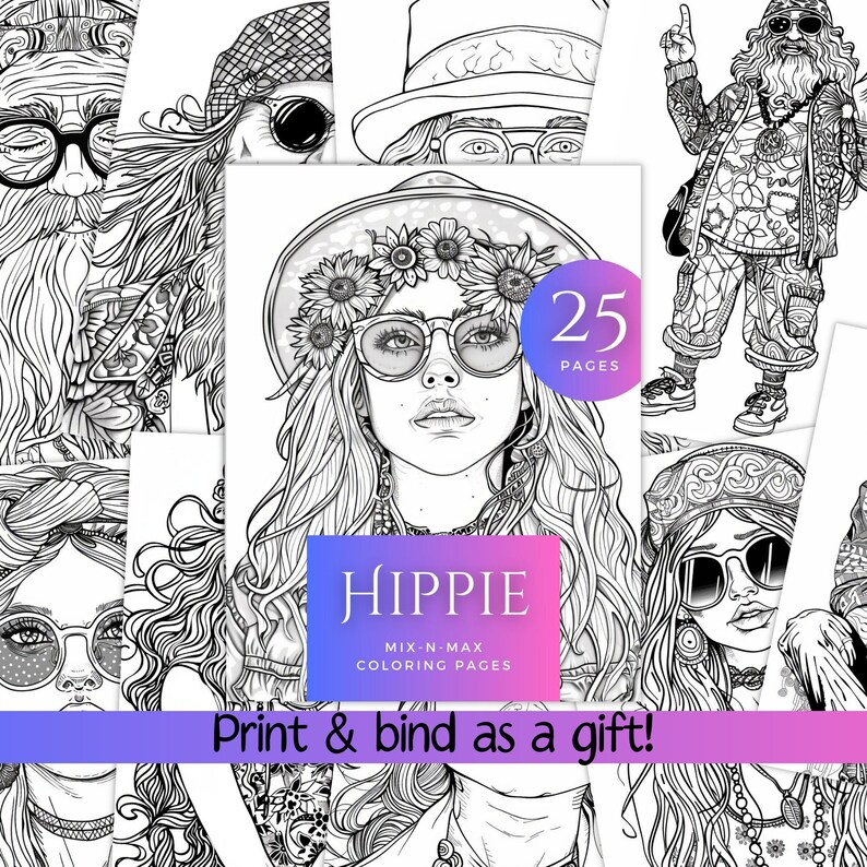 Printable Hippie Coloring Book Pages25 Pagesadult Hippie Coloring Book Pagesbohemian Coloring