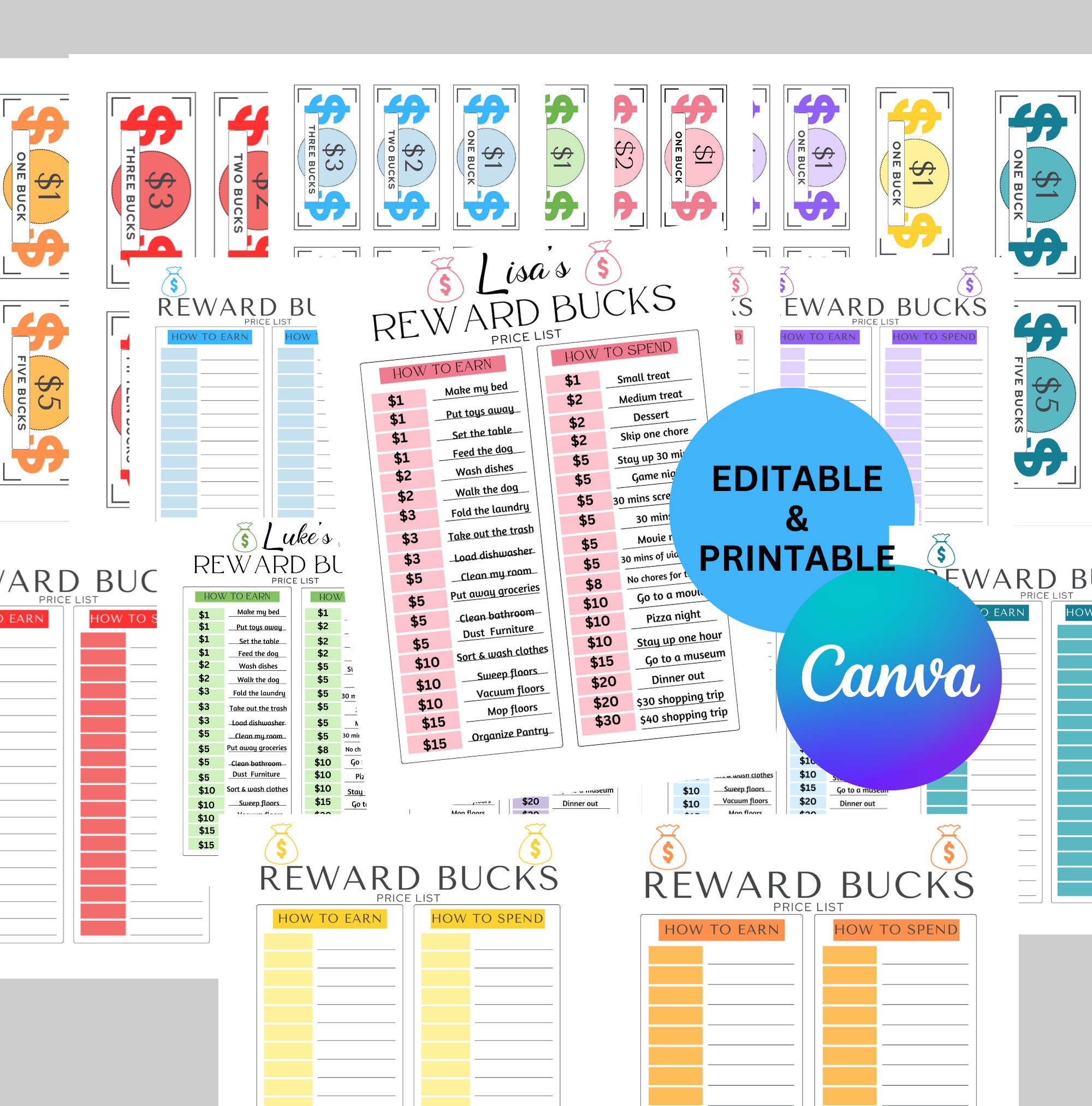 Kids Reward Bucks/editable Printable Child Rewards/8 Colors/printable ...