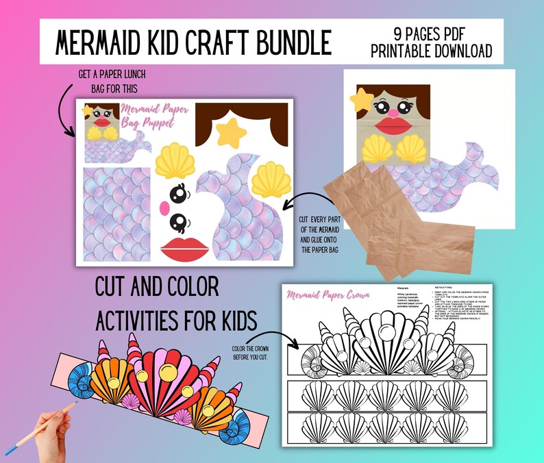 Mermaid Kid's Craft Activity Bundle/printable Pdf/9-page Kids Mermaid ...