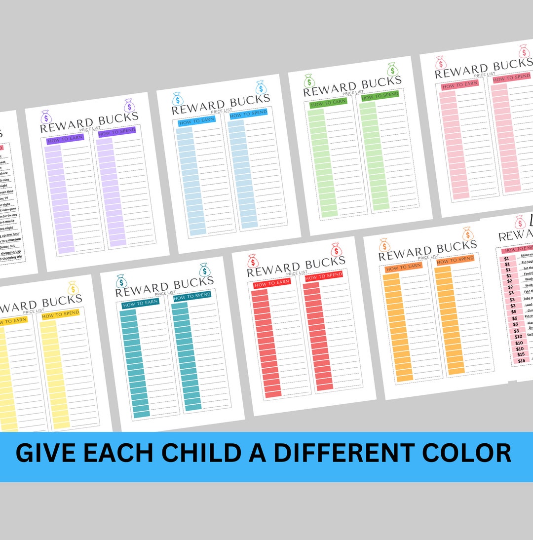 Kids Reward Bucks/editable Printable Child Rewards/8 Colors/printable ...