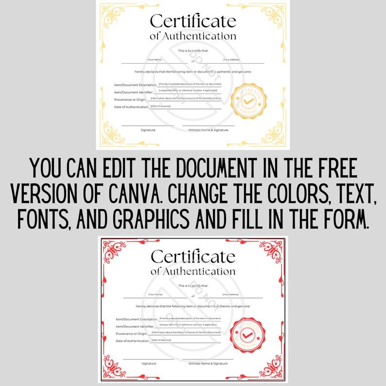 EDITABLE Certificate of Authentication Template/printable Certificate ...