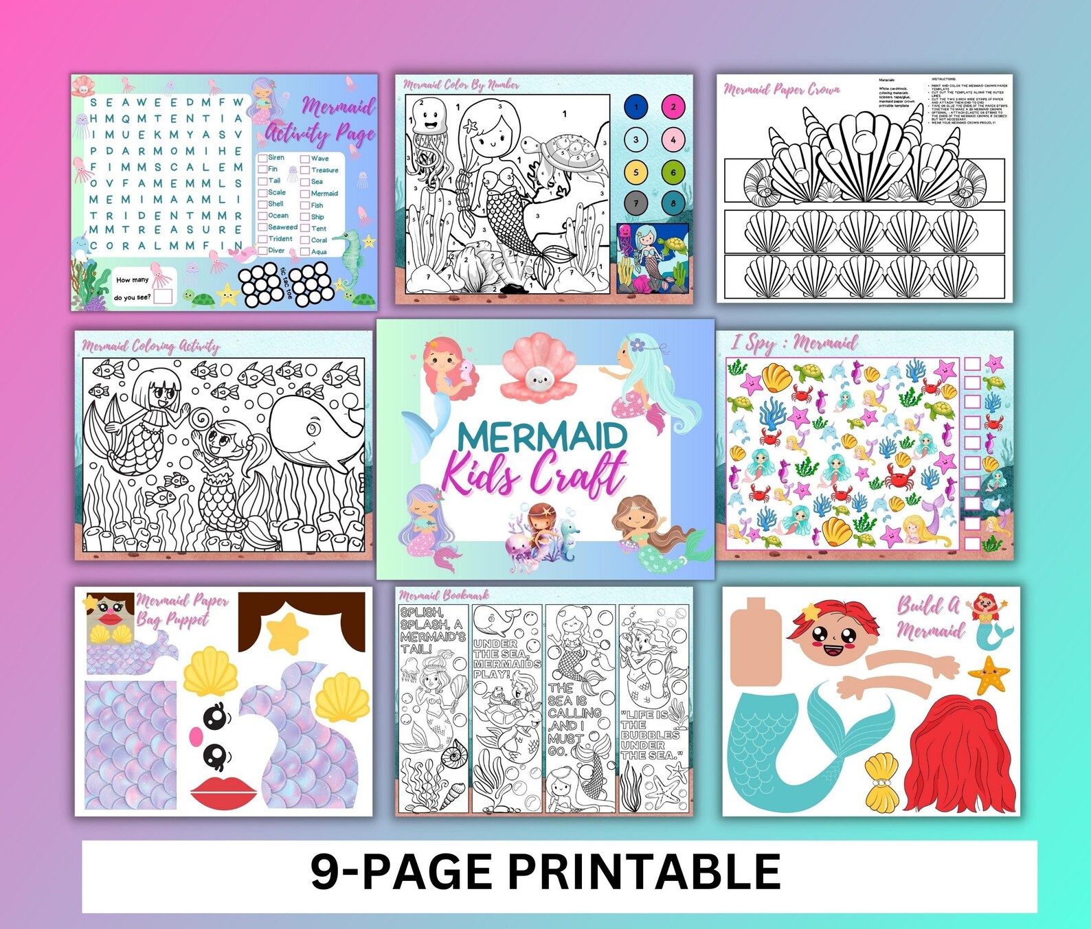 Mermaid Kid's Craft Activity Bundle/printable Pdf/9-page Kids Mermaid ...