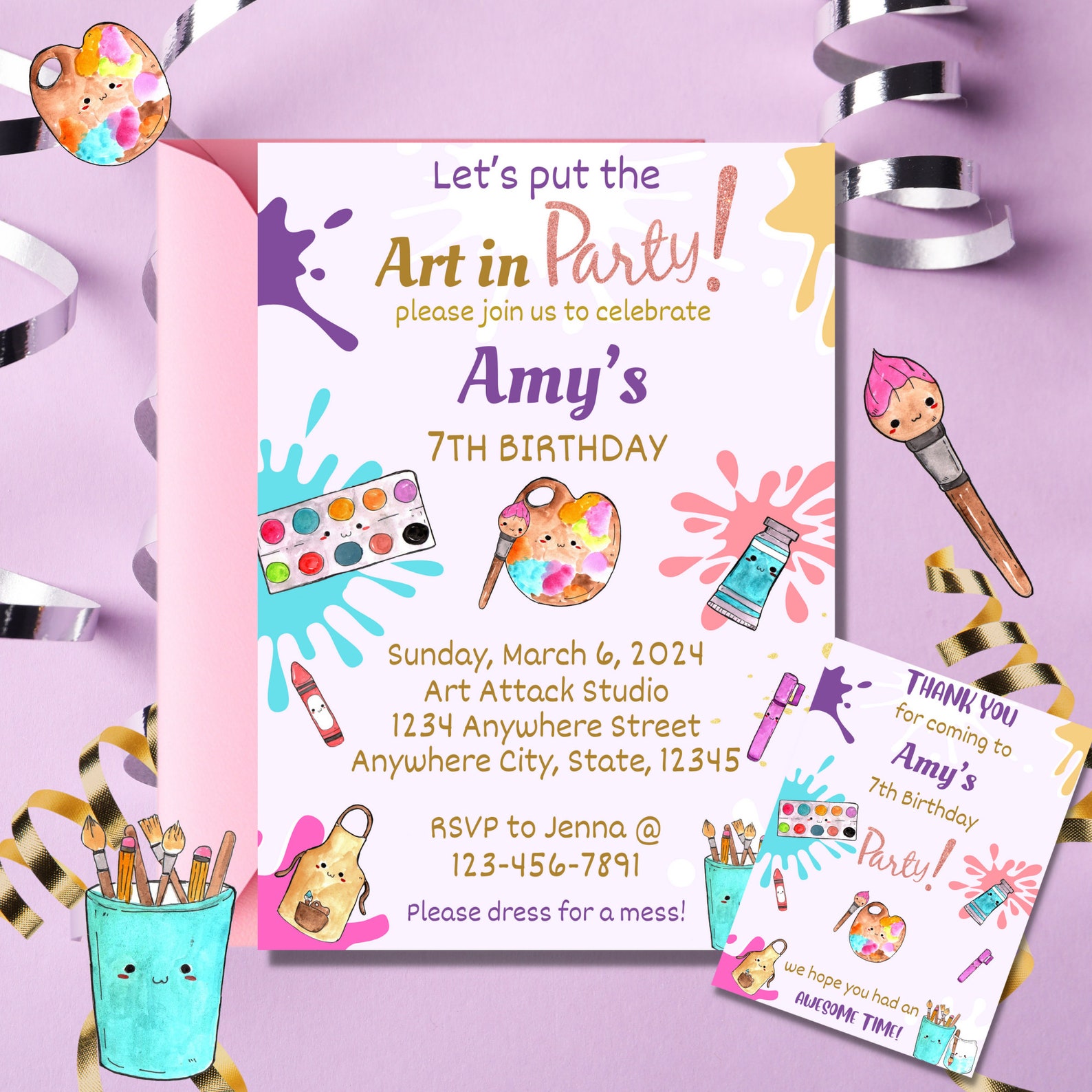 EDITABLE Printable Kid's Art Birthday Party Invitation and Thank You ...