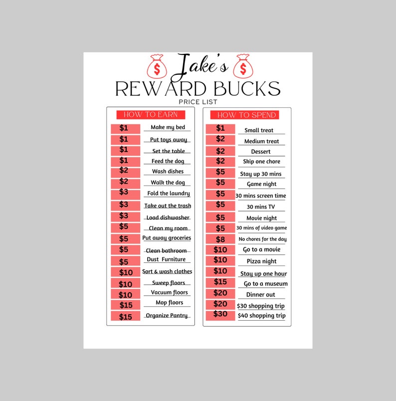 Kids Reward Bucks/editable Printable Child Rewards/8 Colors/printable ...