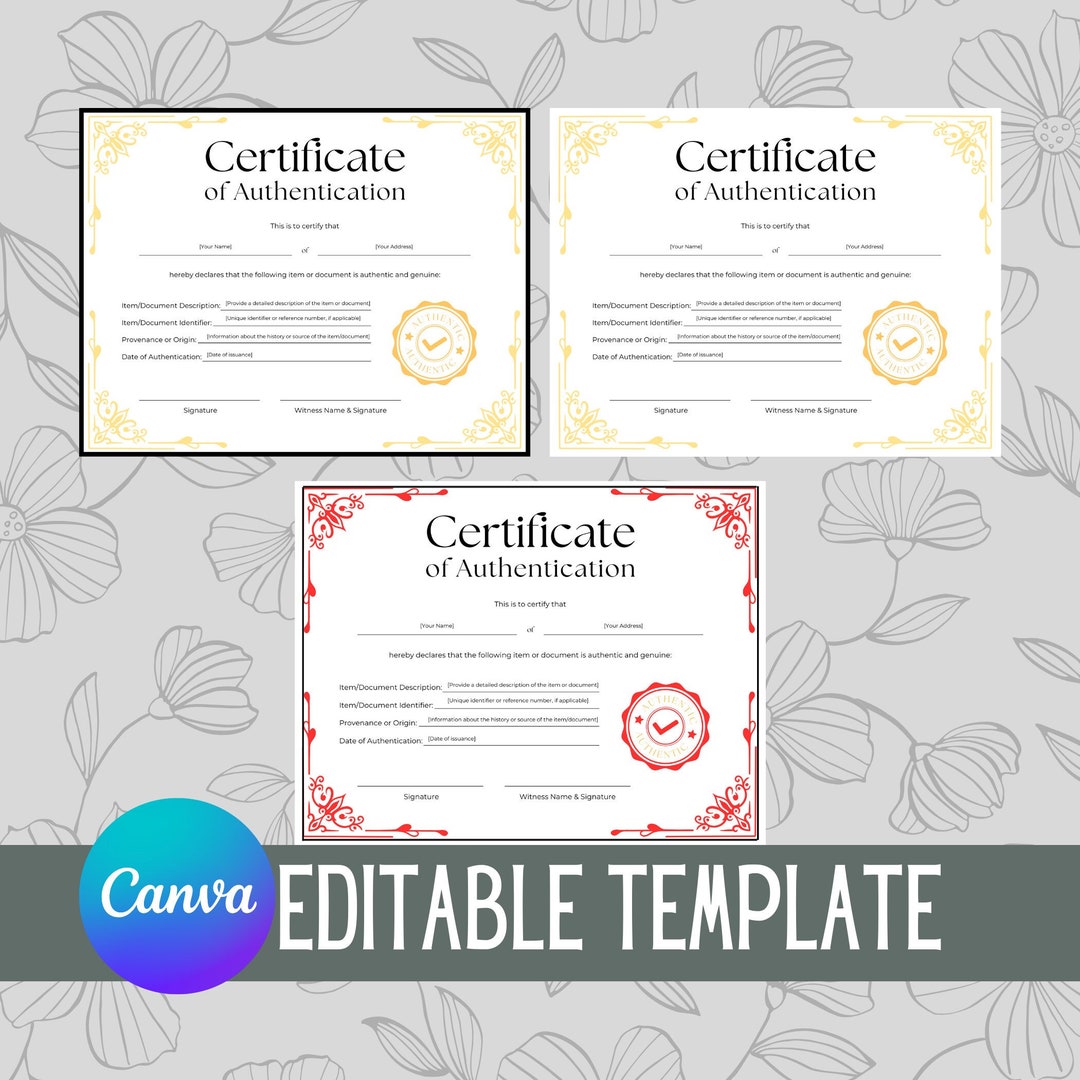 EDITABLE Certificate of Authentication Template/printable Certificate ...