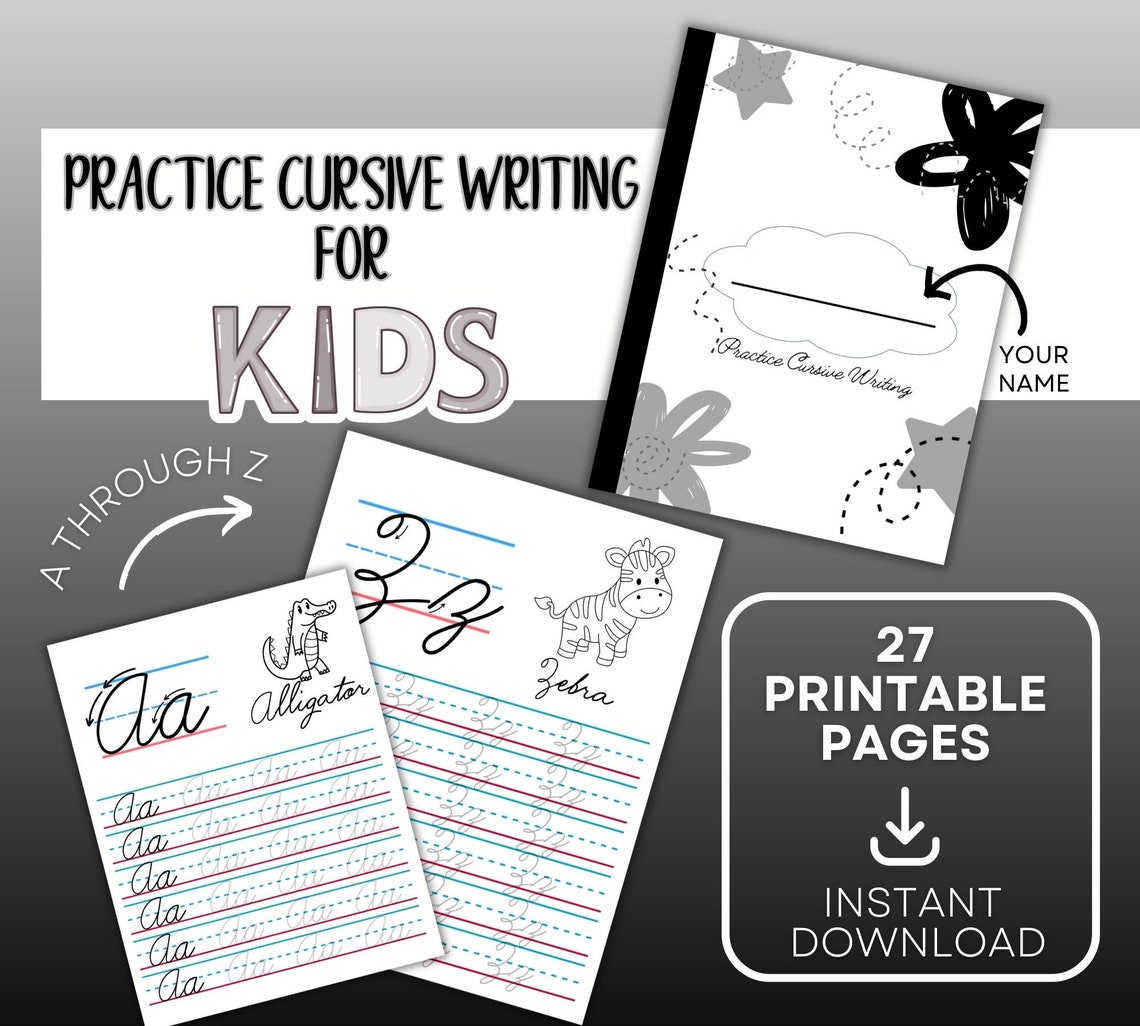Printable Kids Cursive Practice/printable Pdf/27-page Workbook/instant ...