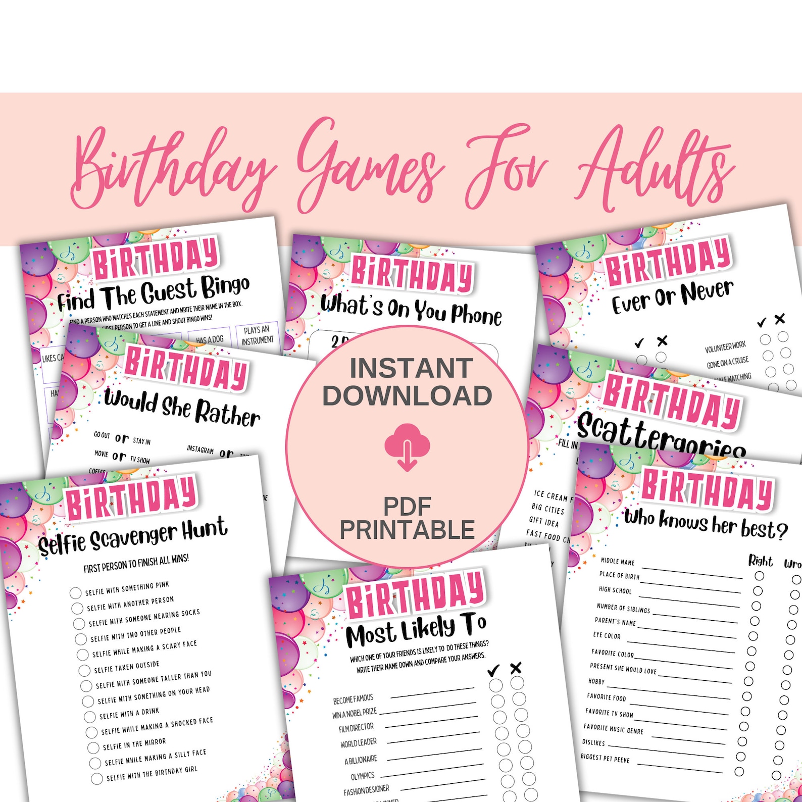 Printable Adult Birthday Games/printable Pdf/instant Download/digital Printable Women Birthday ...