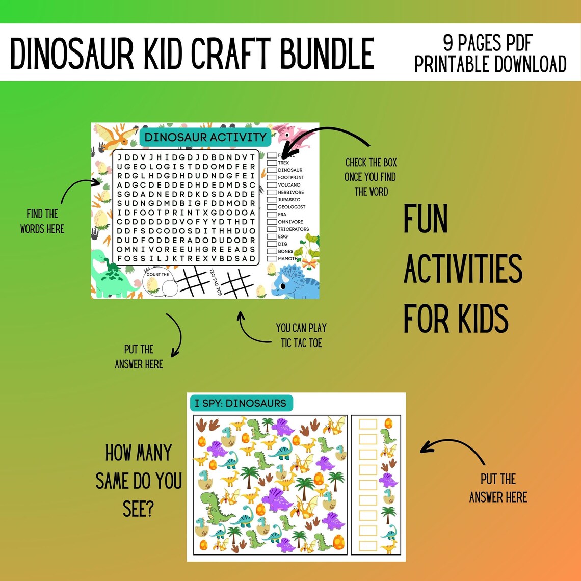 Dinosaur Kid's Craft Activity Bundle/printable Pdf/9-page Kids Dinosaur ...