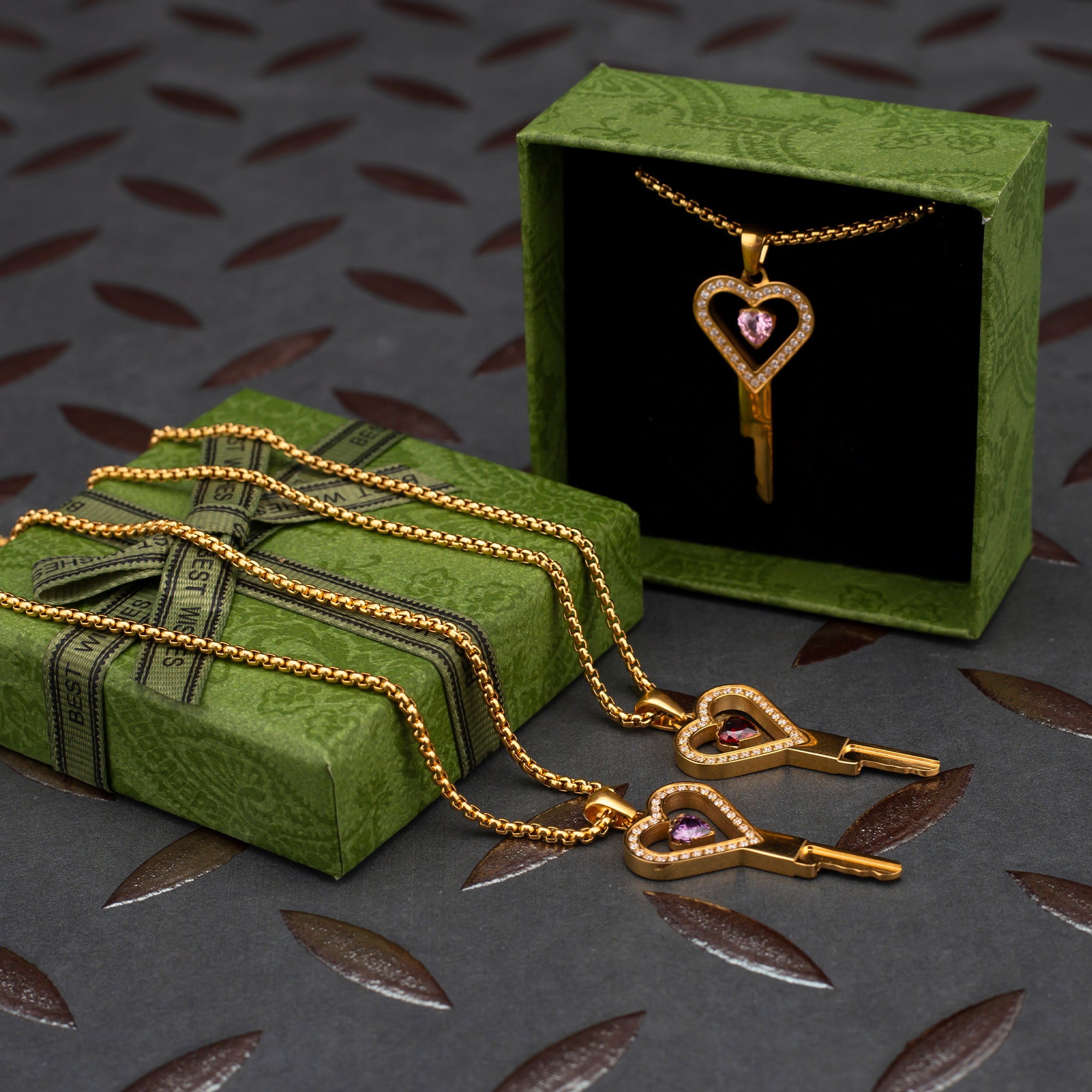 Gold Heart Cage Key Necklace With Gemstones - Etsy