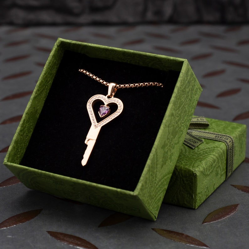 Gemstone Heart Key Necklace: Silver, Gold, Rose Gold - Etsy