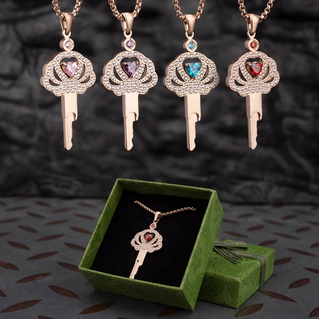 Rose Gold Crown Key Necklace: Gemstone Cage Pendant - Etsy