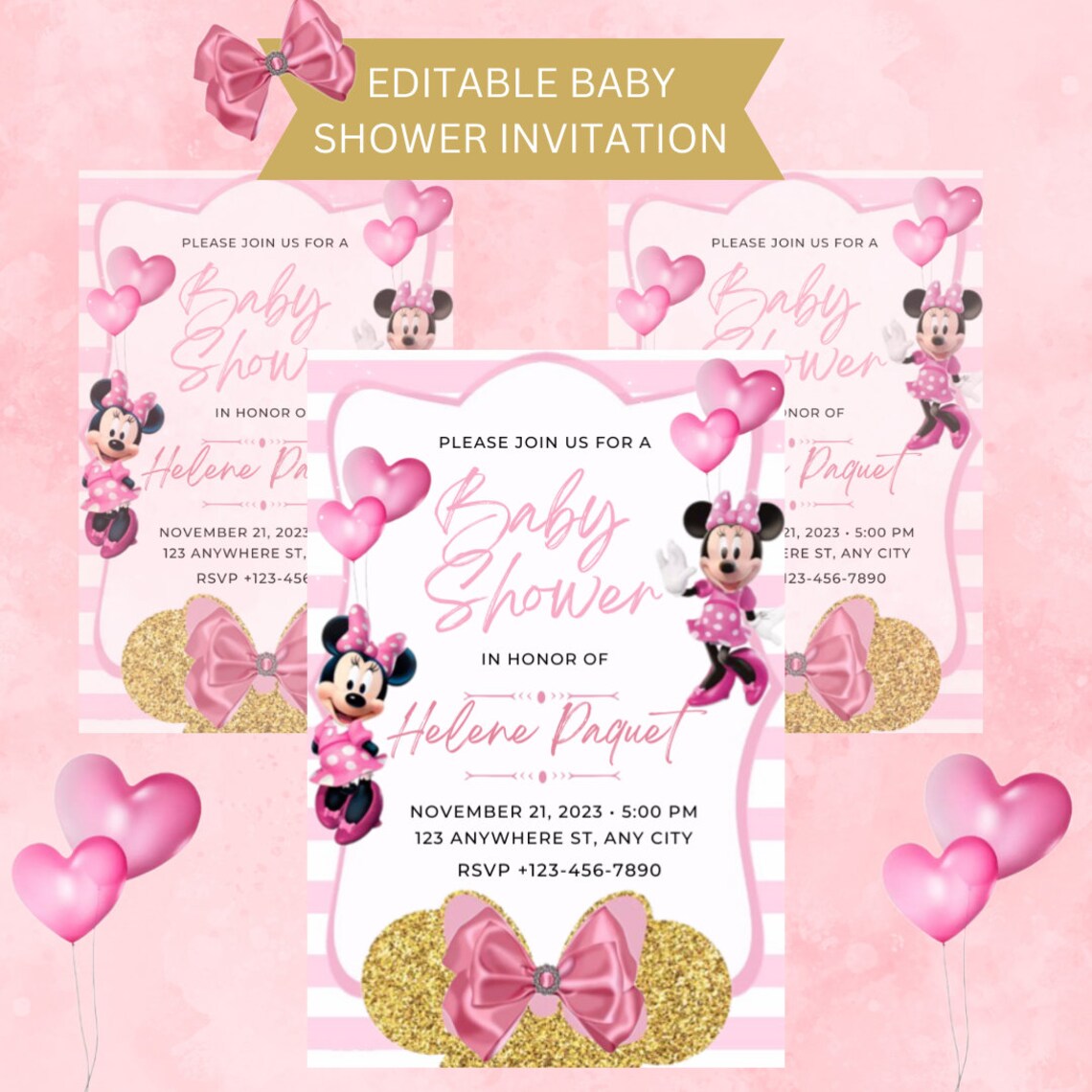 Editable Minnie Baby Shower Invitation Sprinkle Mouse Gold Pink Girls ...