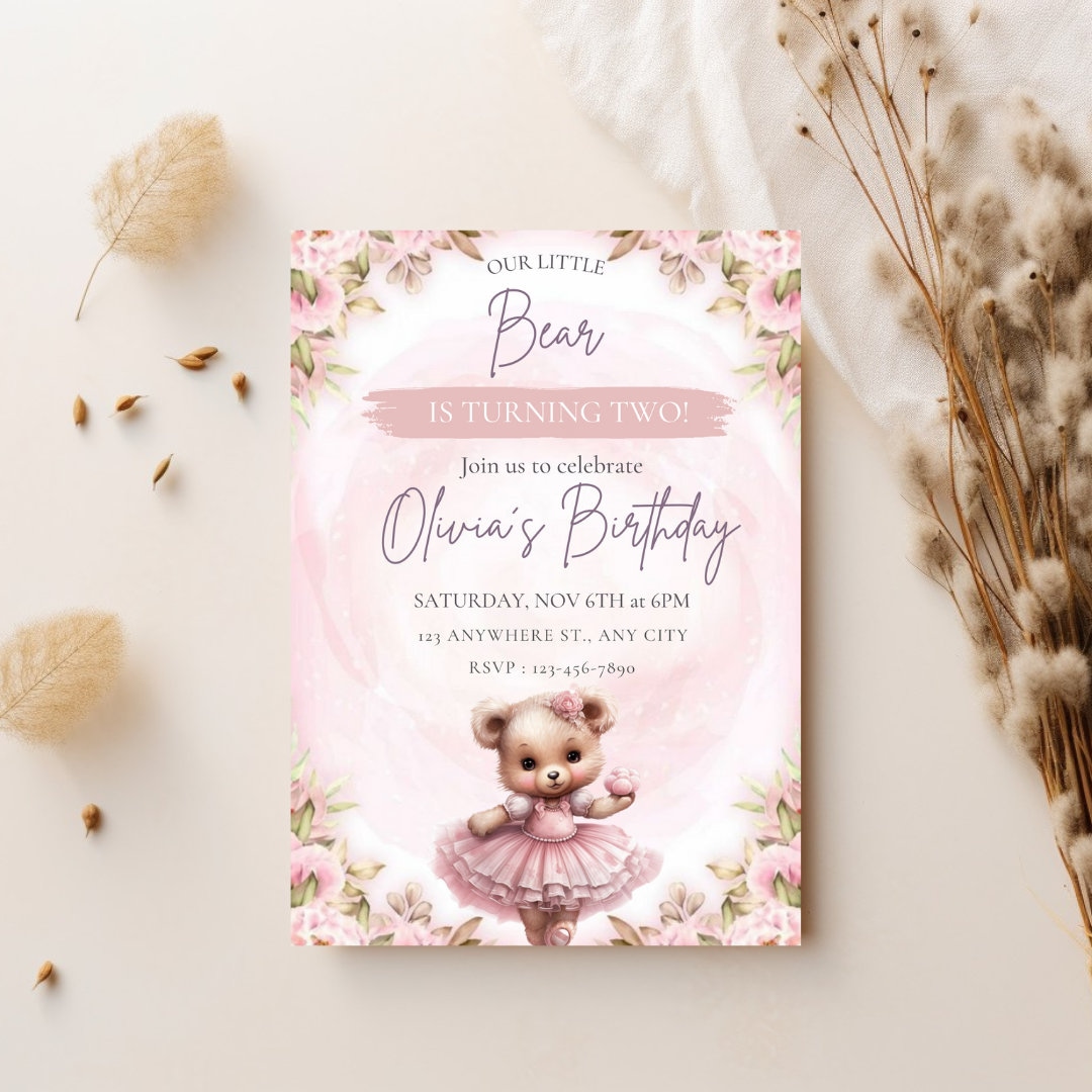 Birthday Invitation Editable Bear Birthday Invitation Girl Bear Themed ...