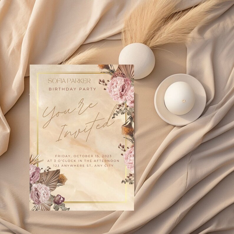 Editable Birthday Invitation, Birthday Party Invite, Floral Beige ...