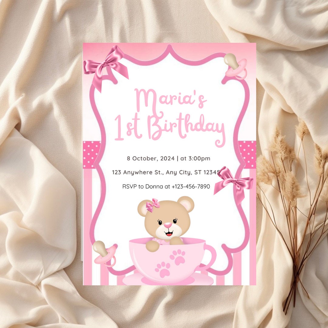 Editable Bear Baby Birthday Party Invitation Teddy Bear Pink - Etsy