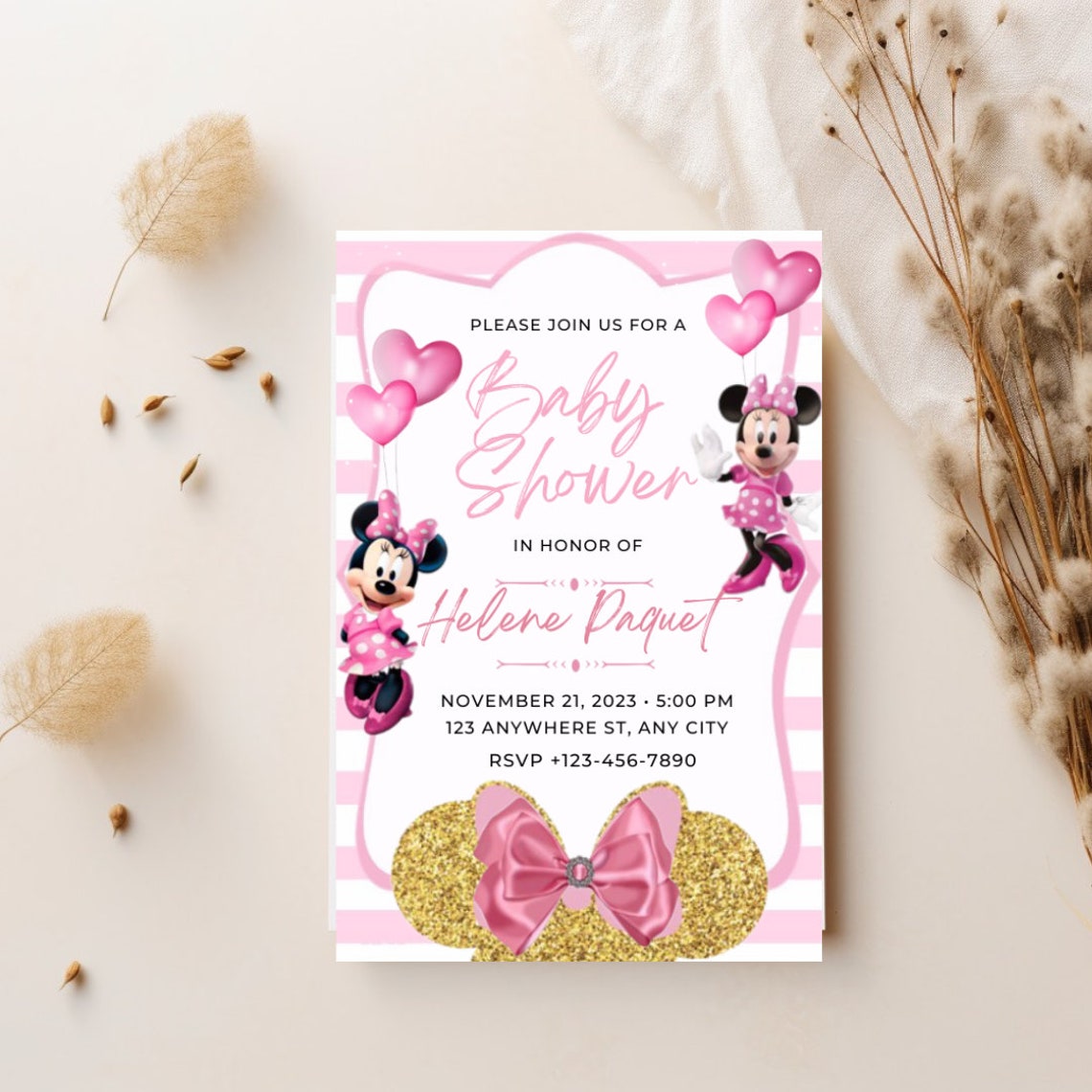 Editable Minnie Baby Shower Invitation Sprinkle Mouse Gold Pink Girls ...