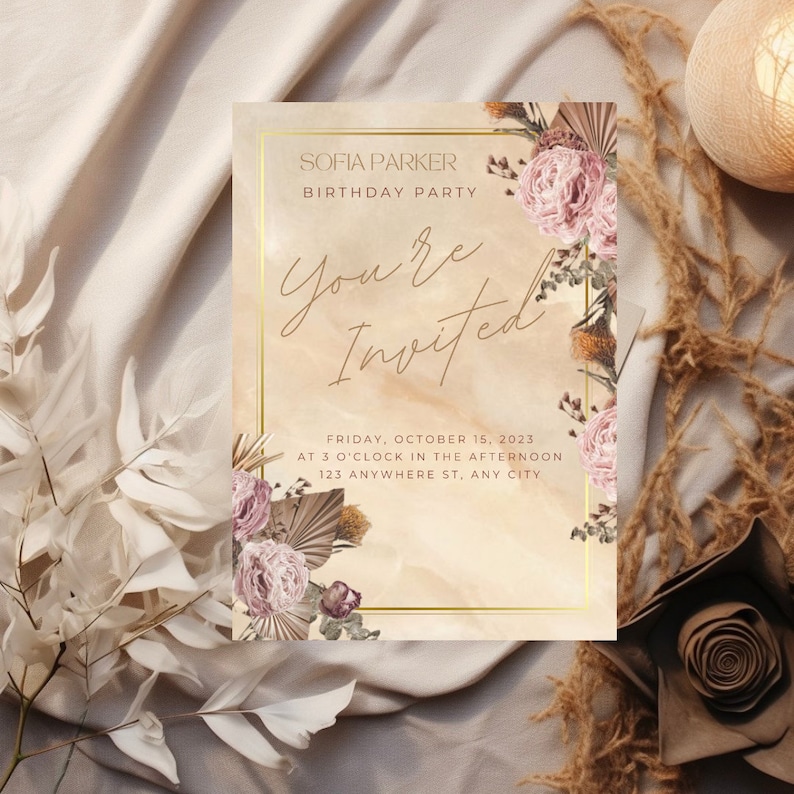 Editable Birthday Invitation, Birthday Party Invite, Floral Beige ...