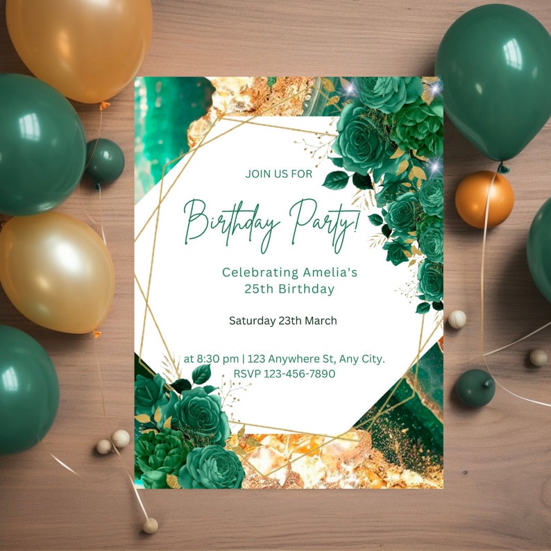 Emerald Green Gold Birthday Invitation Templatebirthday Invitation ...