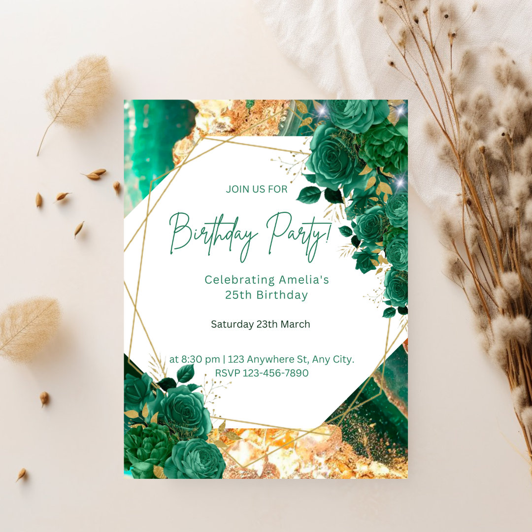 Emerald Green Gold Birthday Invitation Templatebirthday Invitation ...
