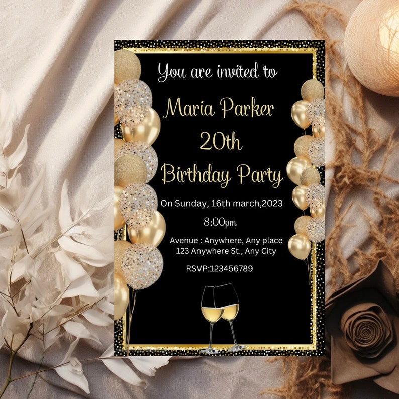 Black Gold Birthday Party Invitation Birthday Invite Party Etsy