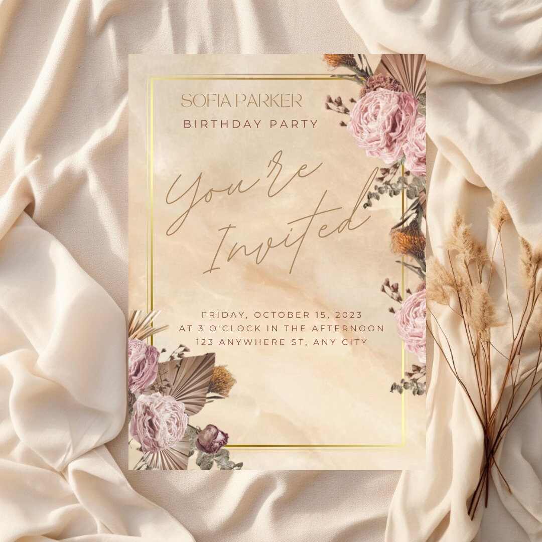 Editable Birthday Invitation, Birthday Party Invite, Floral Beige ...
