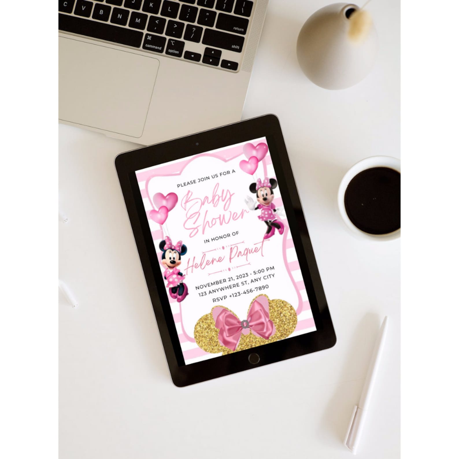 Editable Minnie Baby Shower Invitation Sprinkle Mouse Gold Pink Girls ...