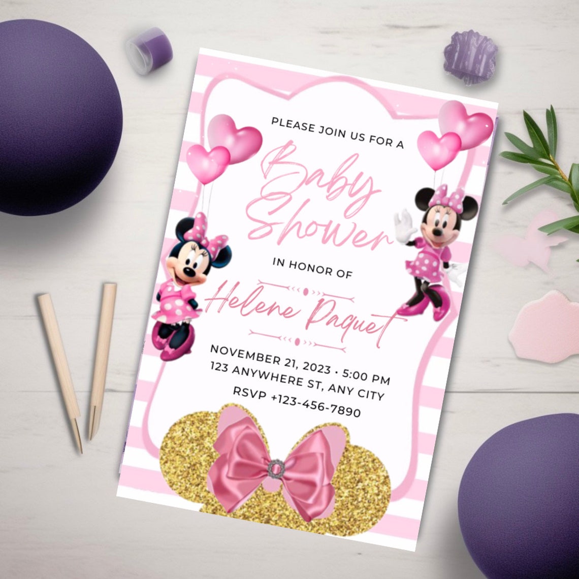 Editable Minnie Baby Shower Invitation Sprinkle Mouse Gold Pink Girls ...