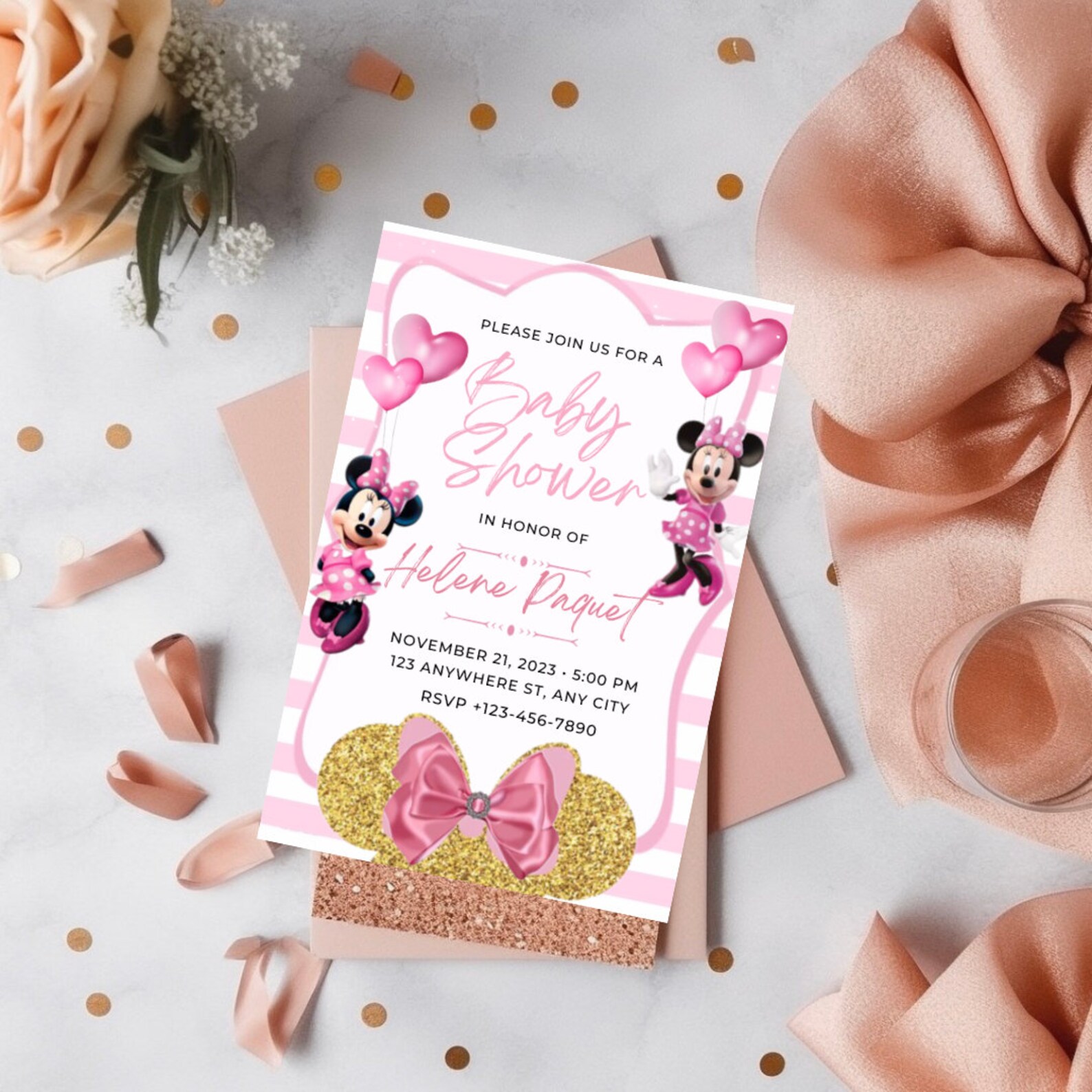 Editable Minnie Baby Shower Invitation Sprinkle Mouse Gold Pink Girls ...